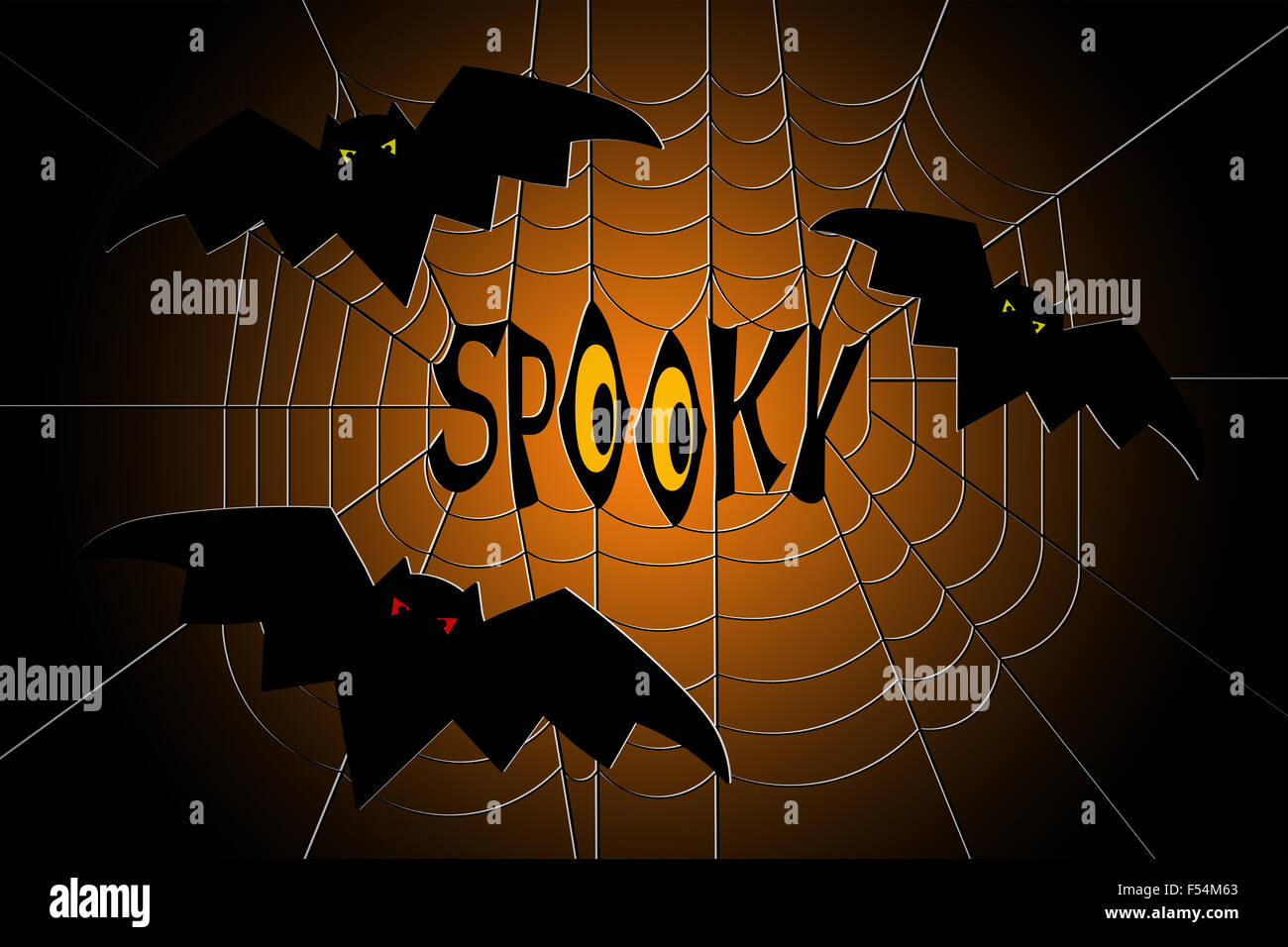 Spider web with bats and text spooky in the center, on gradient black ...