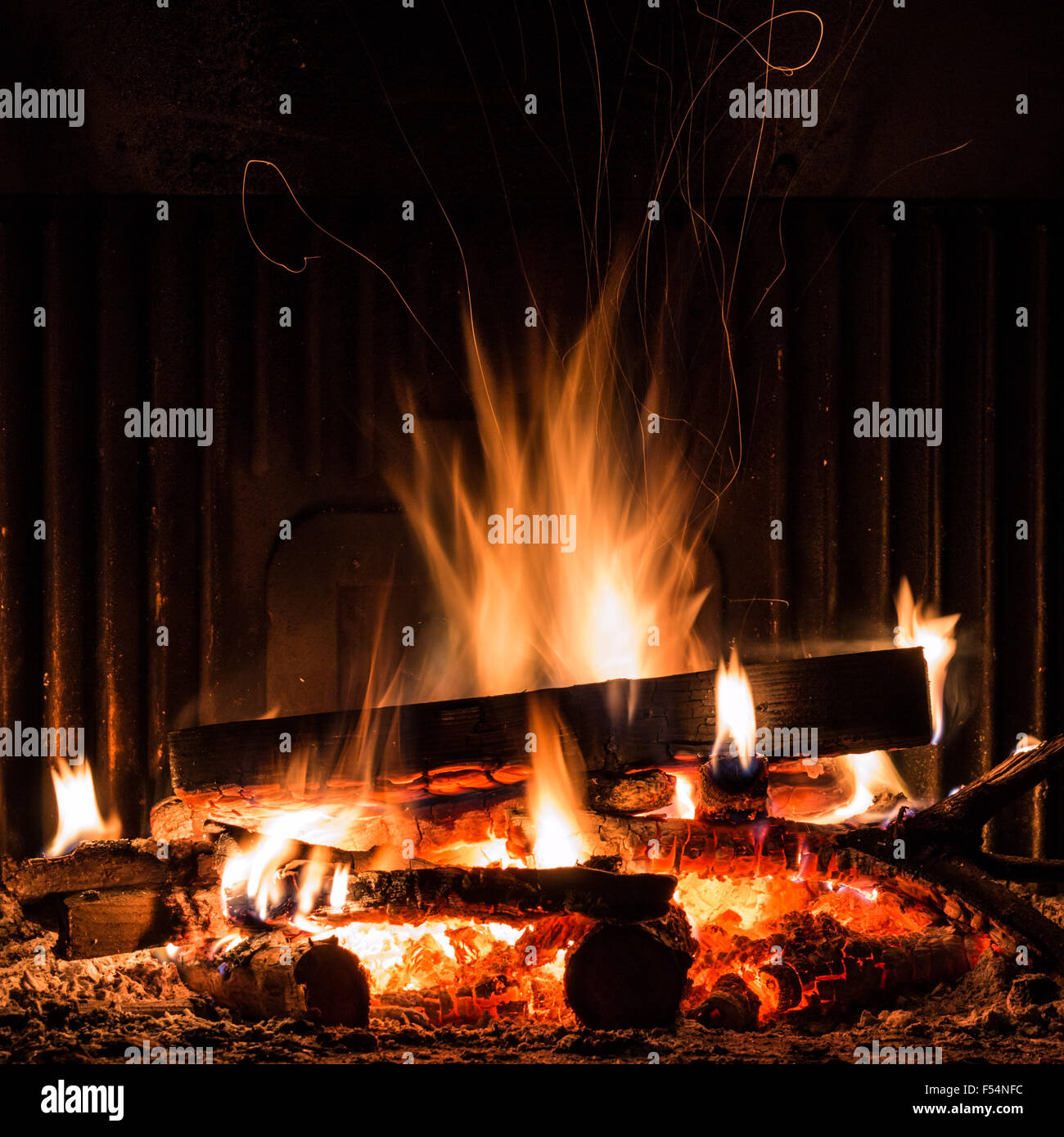 Fireplace with blazing flames, view of the fire Stock Photo - Alamy