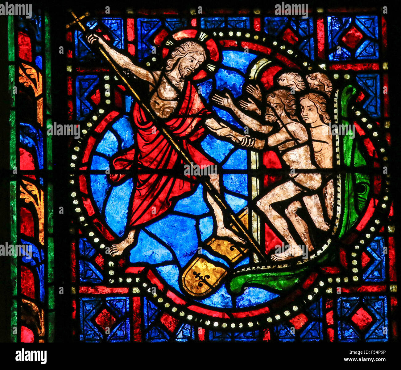 Stained glass window depicting Jesus Christ saving mankind in the ...