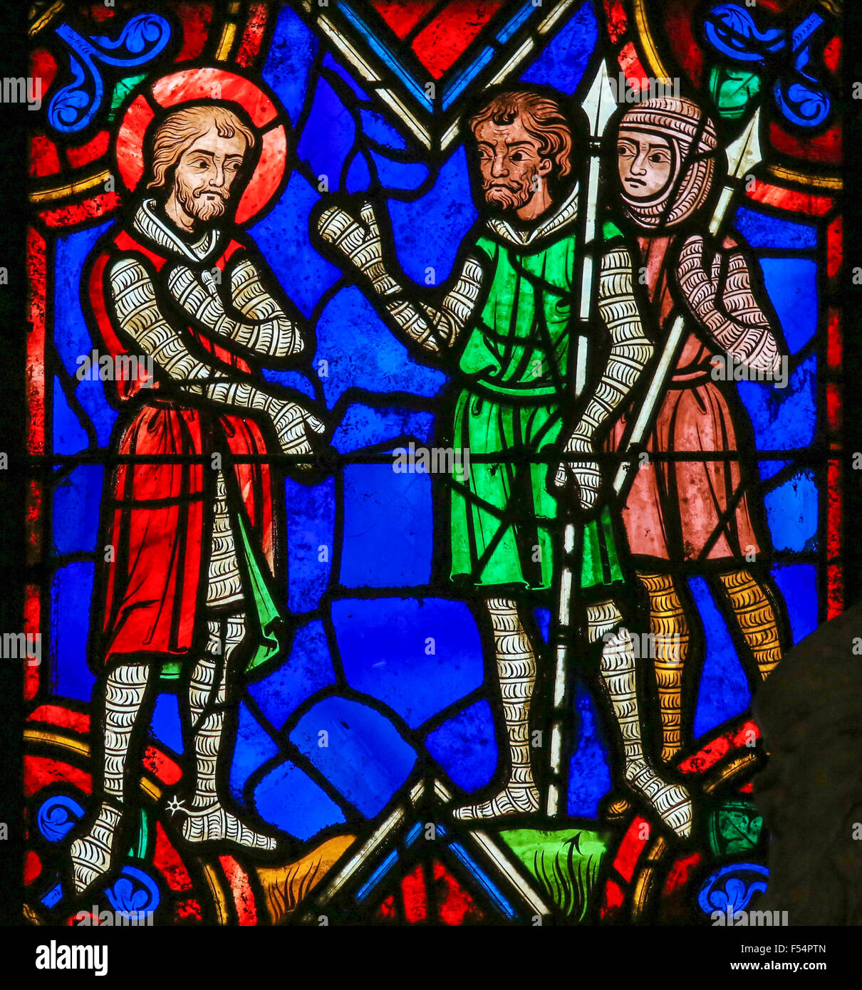 Stained glass window depicting Medieval Knights in the Saint Gatien ...