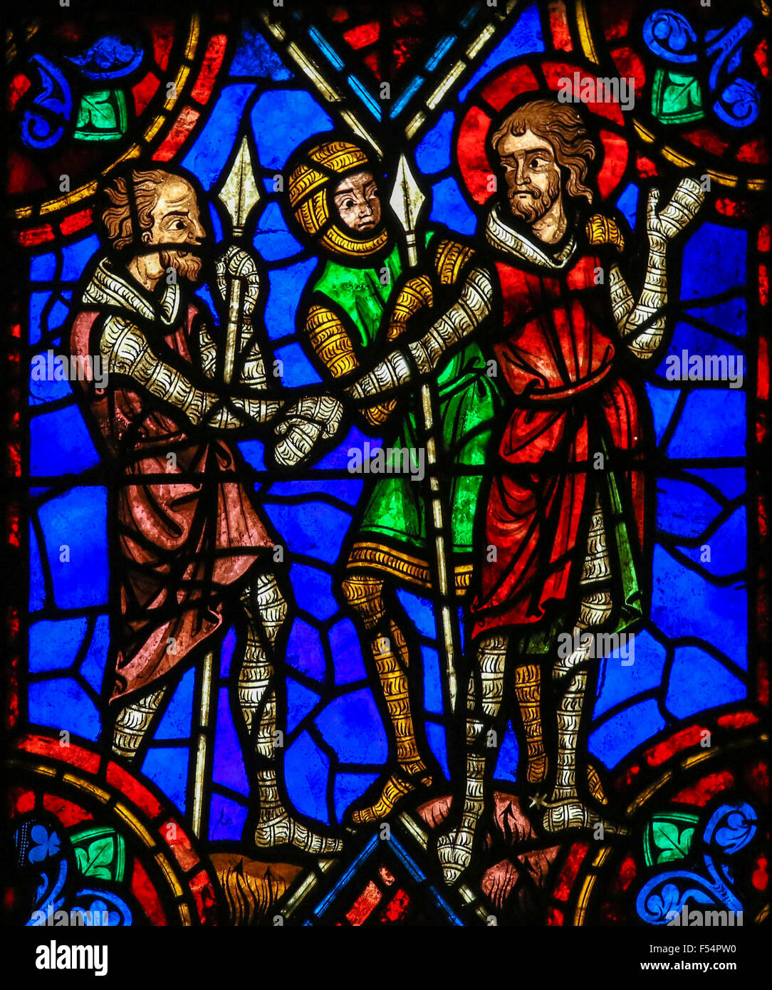 Stained glass window depicting Medieval Knights in the Saint Gatien ...
