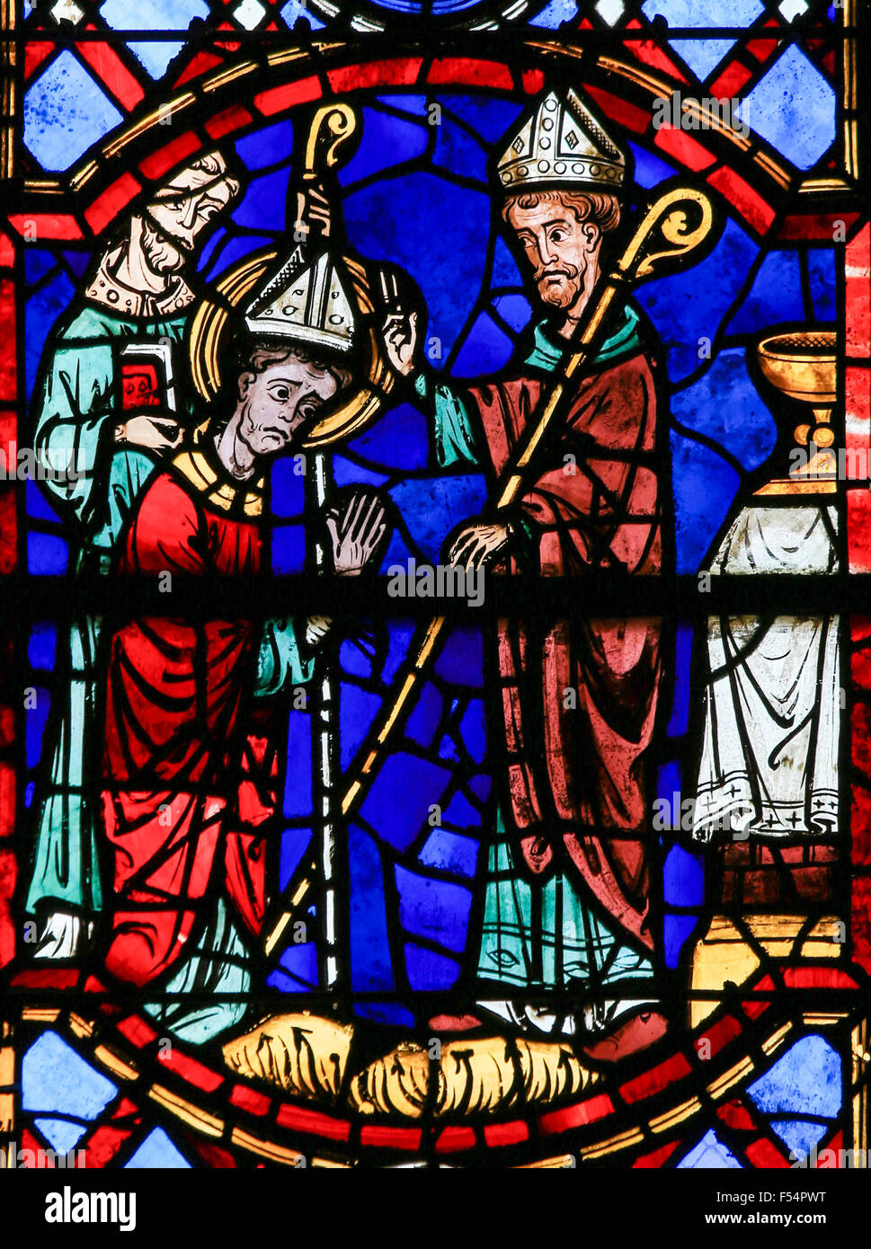 Stained glass window depicting three Bishops in the Cathedral of Tours ...