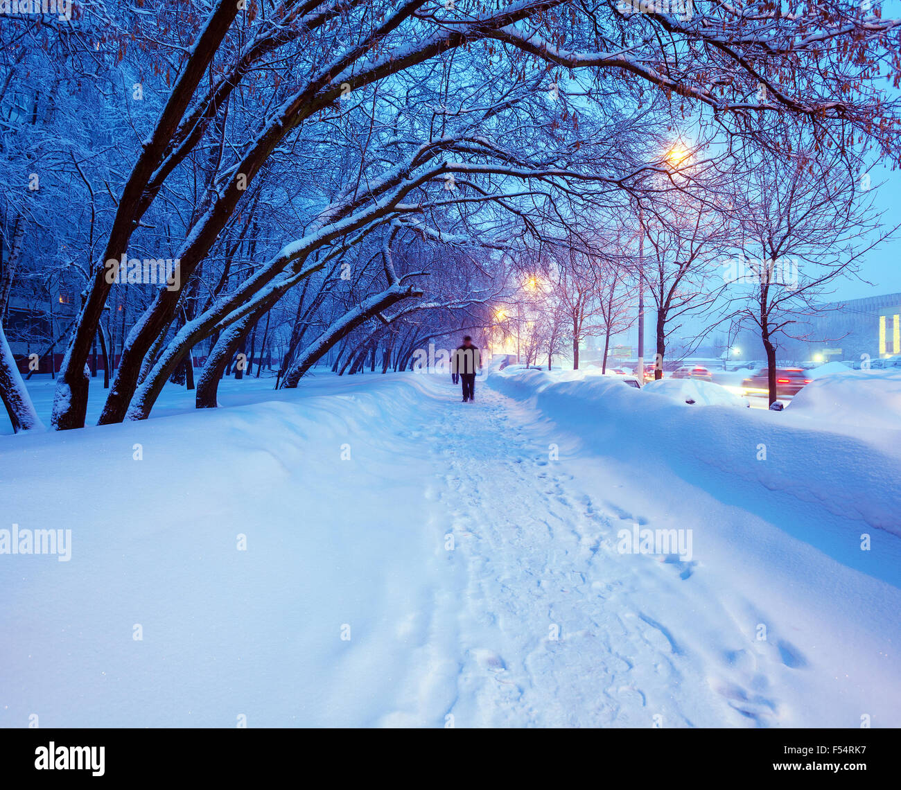 Illuminated Night Winter City Scene Stock Photo - Alamy