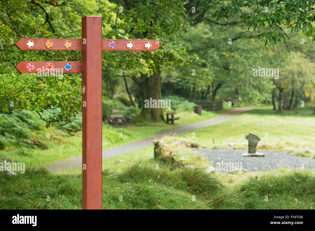 Trail and trail signs in Glendalough valley at Wicklow Mountains ...