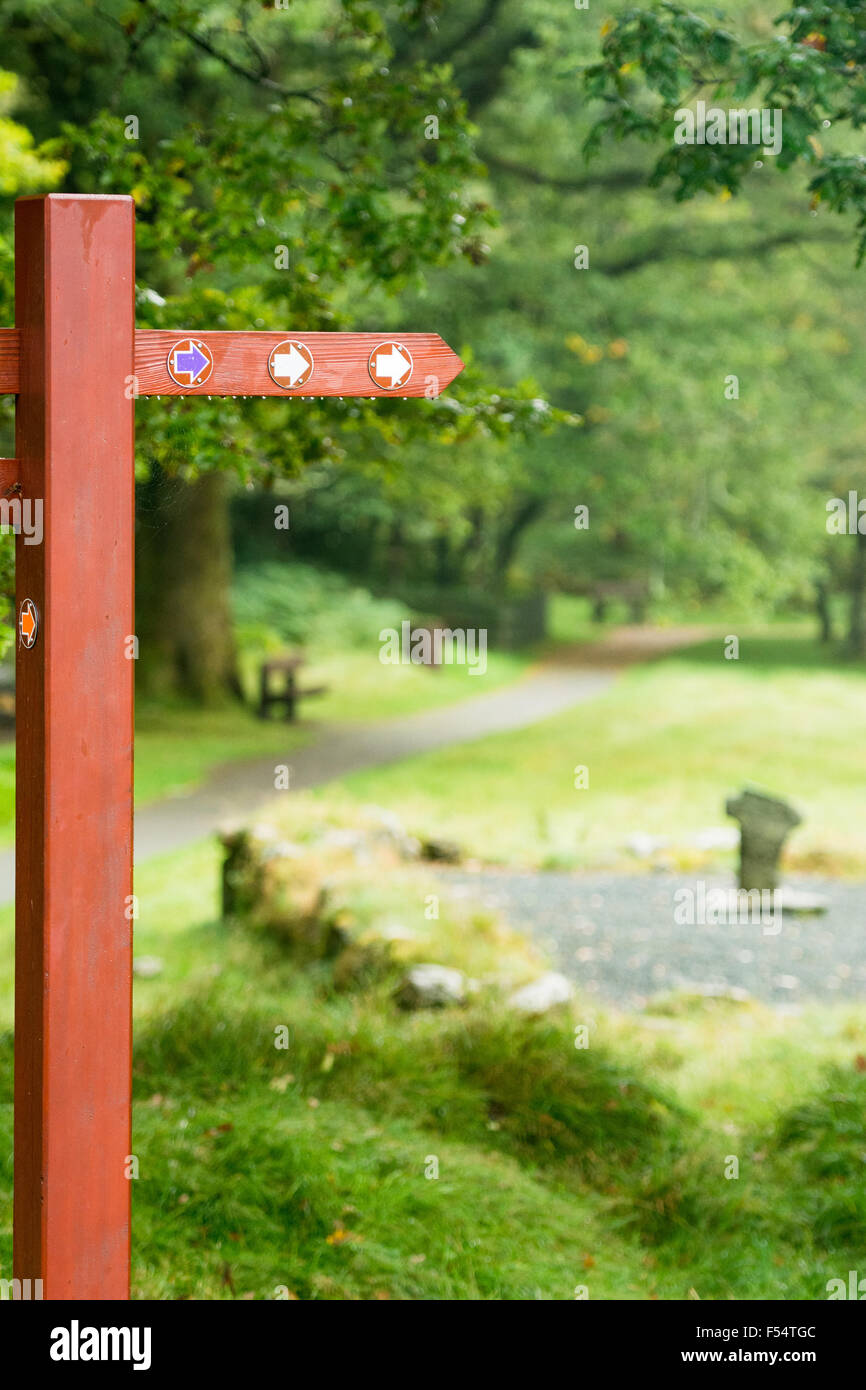Trail and trail signs in Glendalough valley at Wicklow Mountains ...