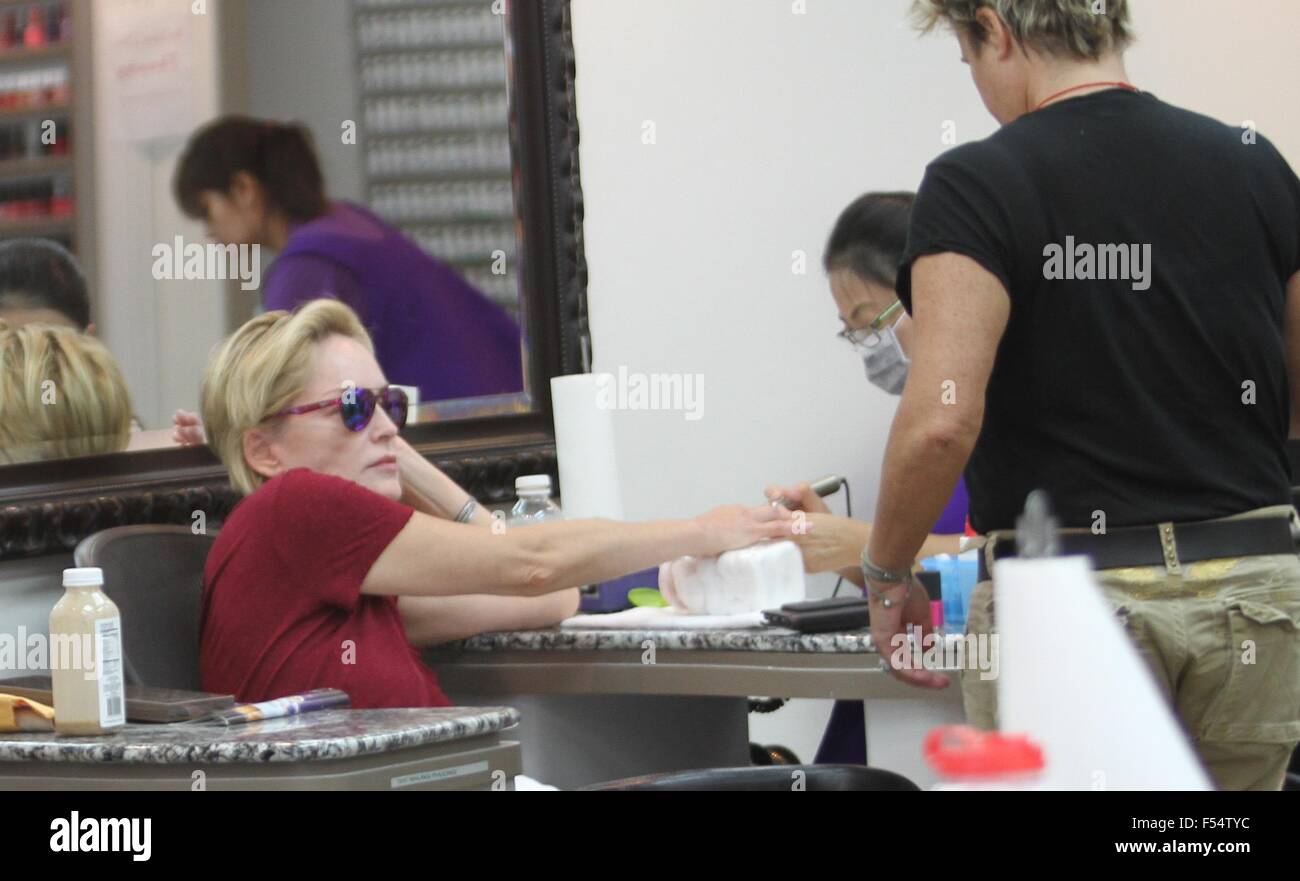 Make-up free Sharon Stone gets her nails done in Beverly Hills ...