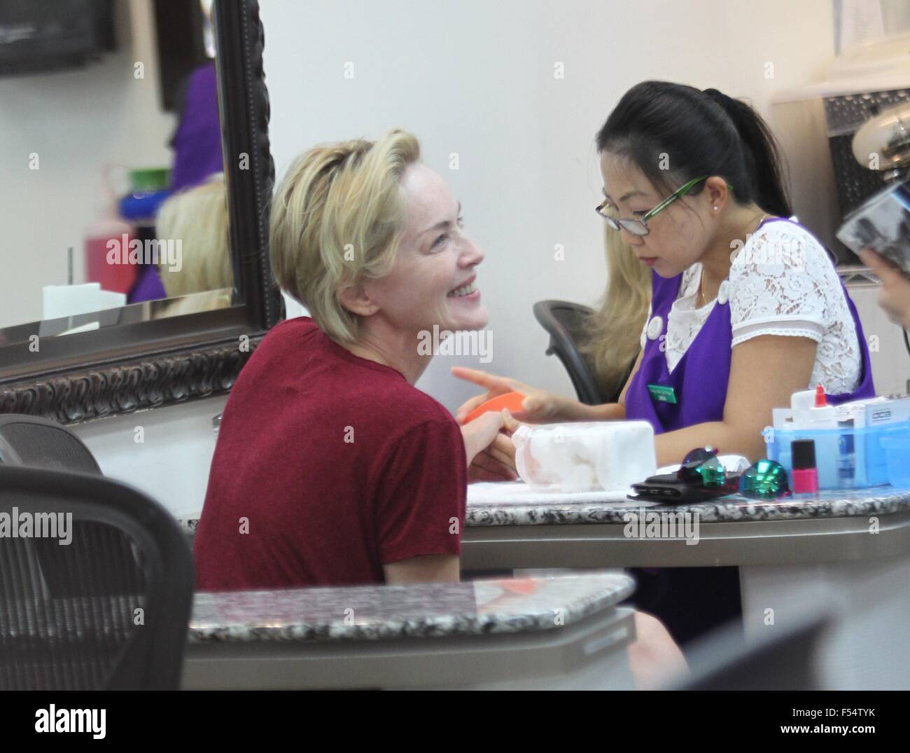 Make-up free Sharon Stone gets her nails done in Beverly Hills ...