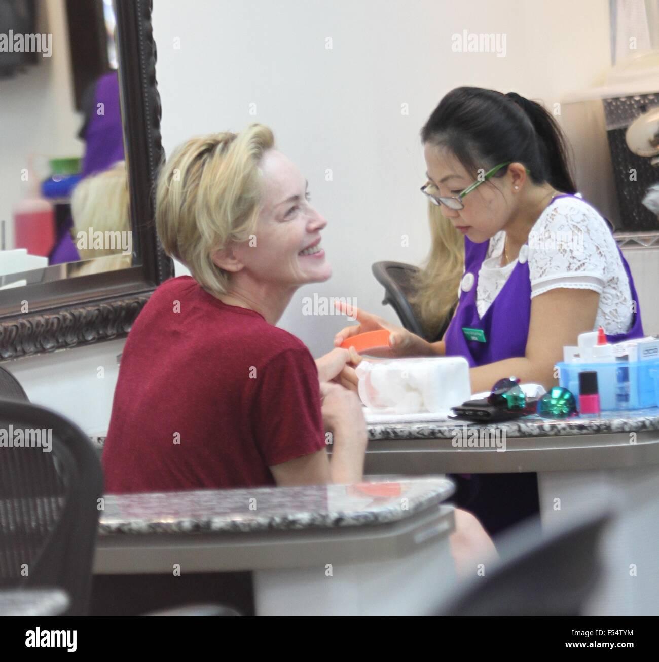 Make-up free Sharon Stone gets her nails done in Beverly Hills ...