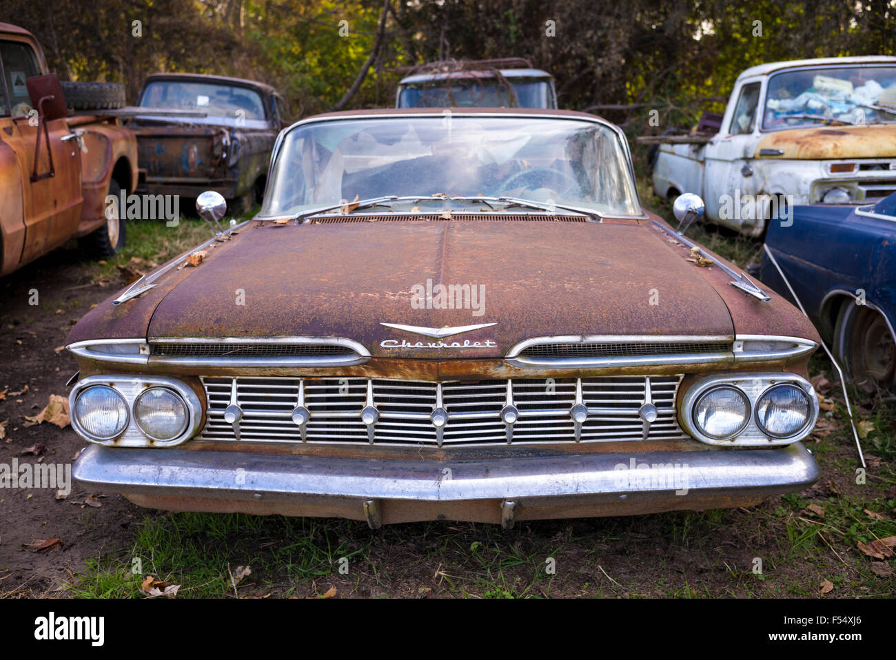 Chevvie Chevrolet auto limo among abandoned rusty old American ...