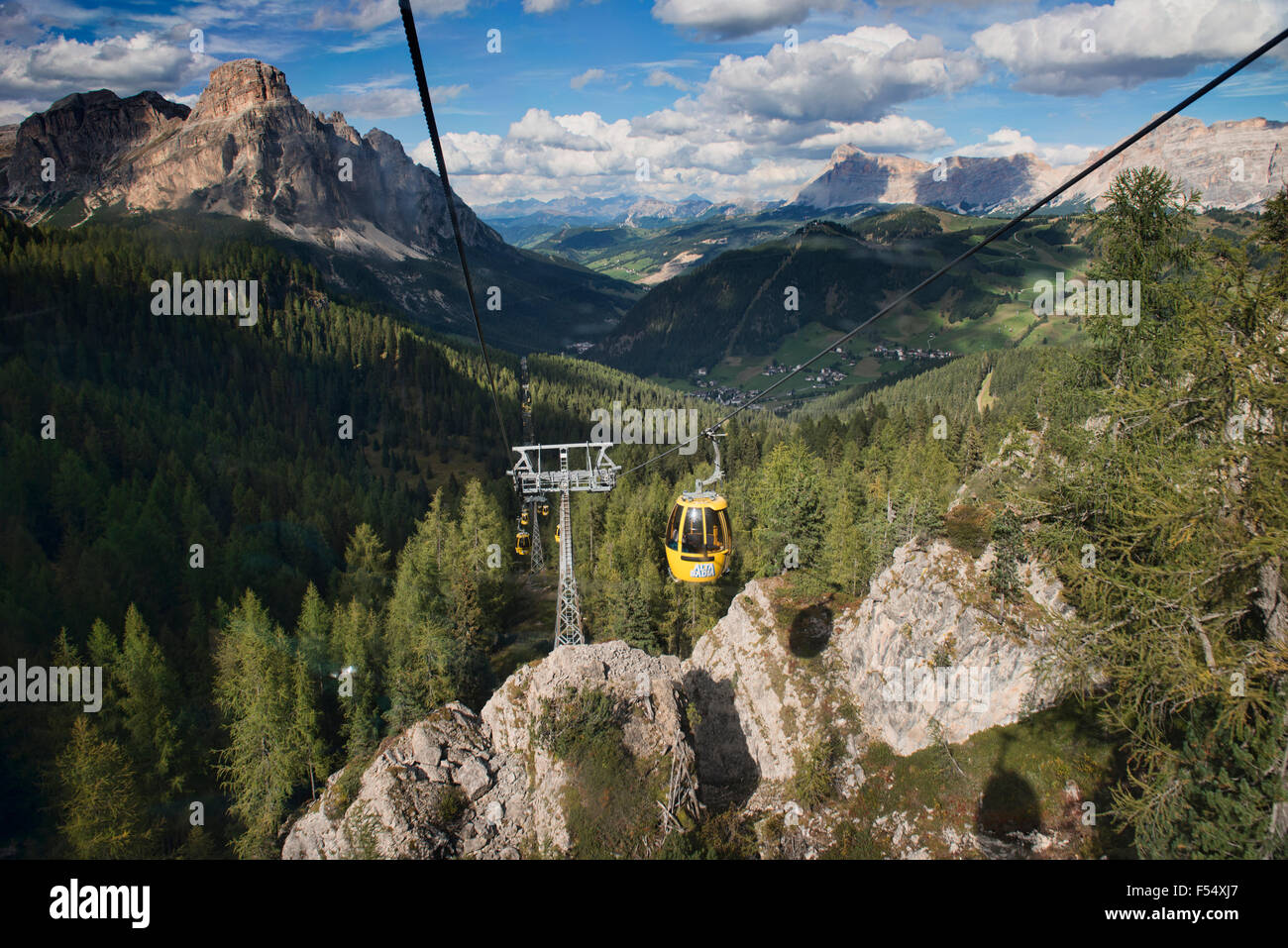 The Boè ropeway gondola to the high mountains of the Dolomites, Corvara ...