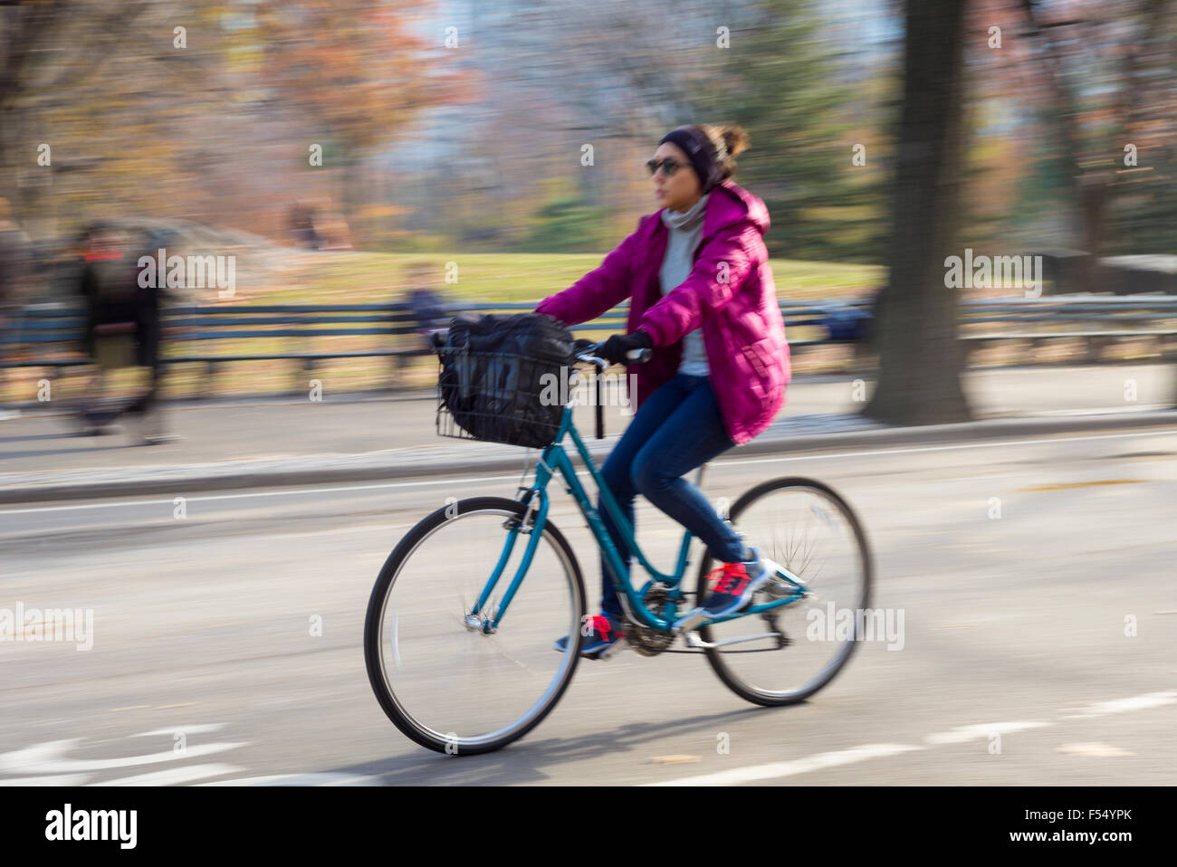 Female cyclist bike riding in winter time in Central Park, New York ...