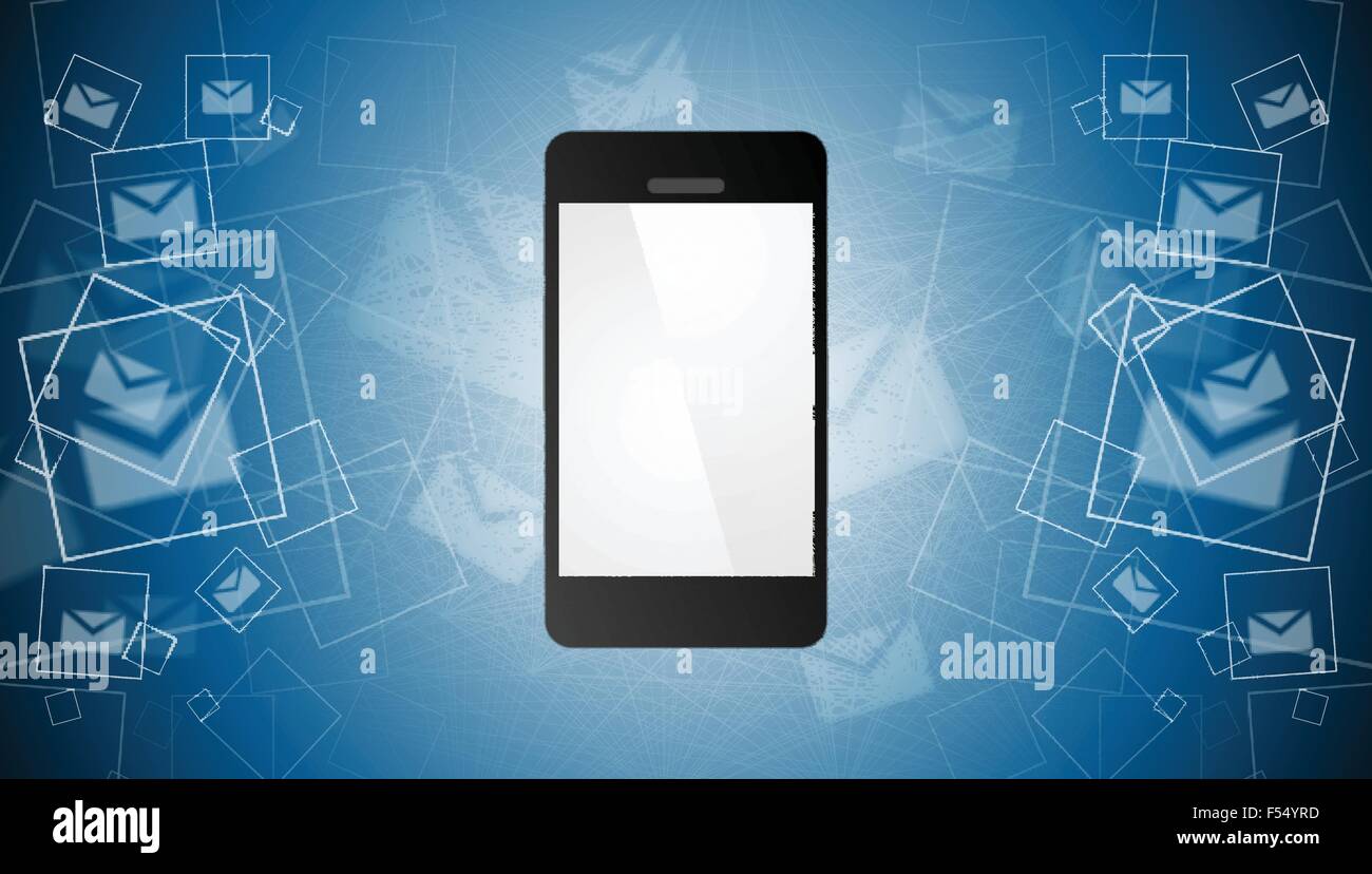 Mobile phone and envelopes background. Vector blue background Stock ...