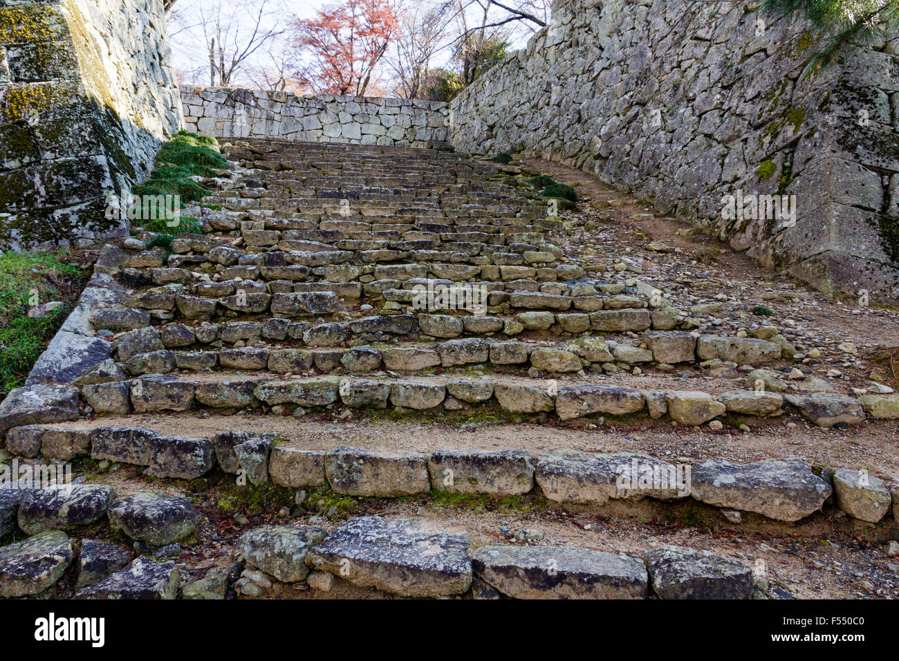 Japan, Tsuyama castle, Kakuzan-jo. Ishigaki stone wall and wide stone ...