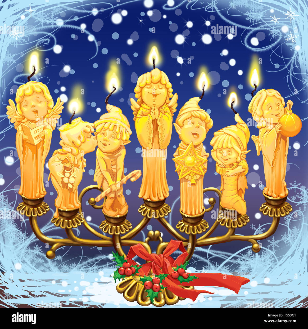Seven magical Christmas candle in a candlestick. Raster illustration ...