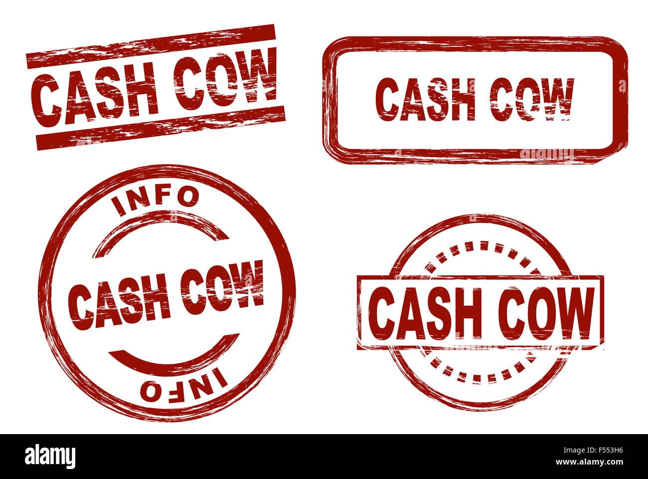 Set of stylized stamps showing the term cash cow. All on white ...