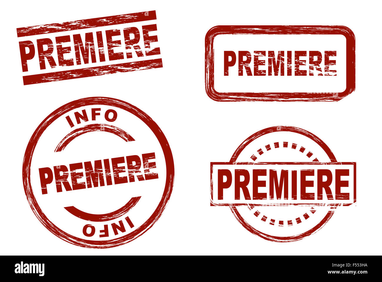Set of stylized stamps showing the term premiere. All on white ...