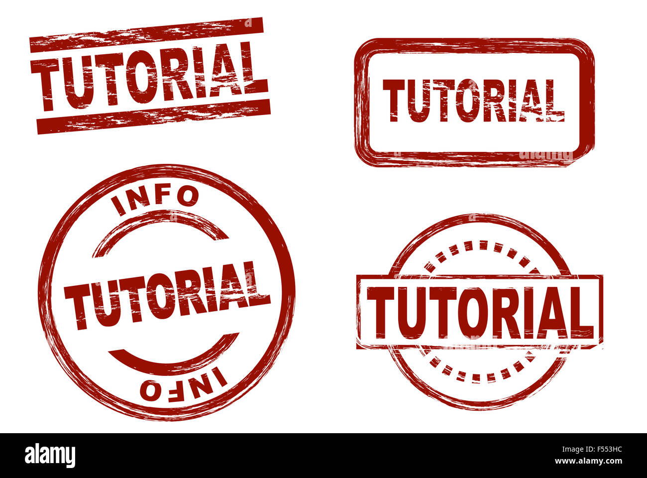 Set of stylized stamps showing the term tutorial. All on white ...