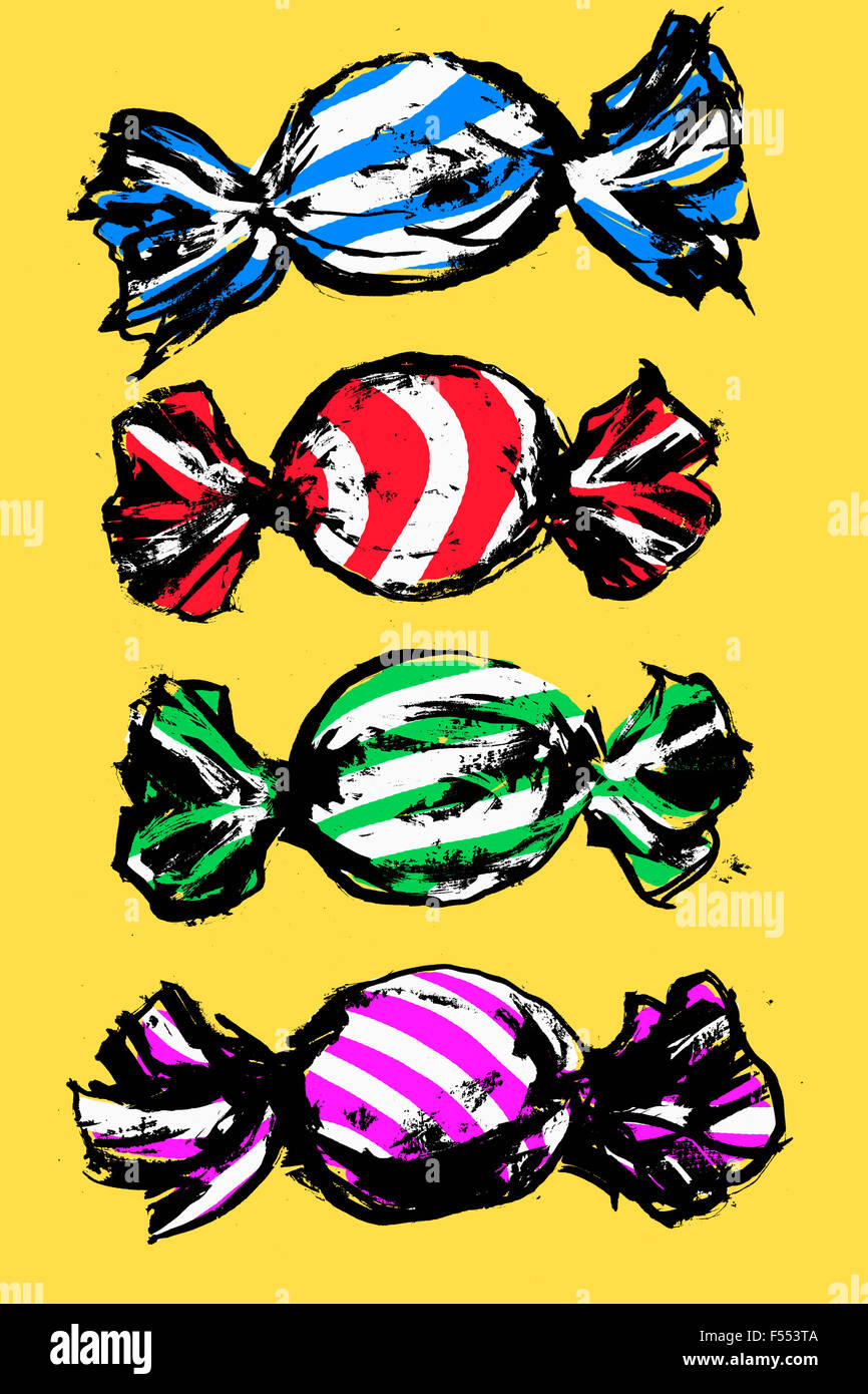 Illustration of colorful wrapped candies against yellow background ...