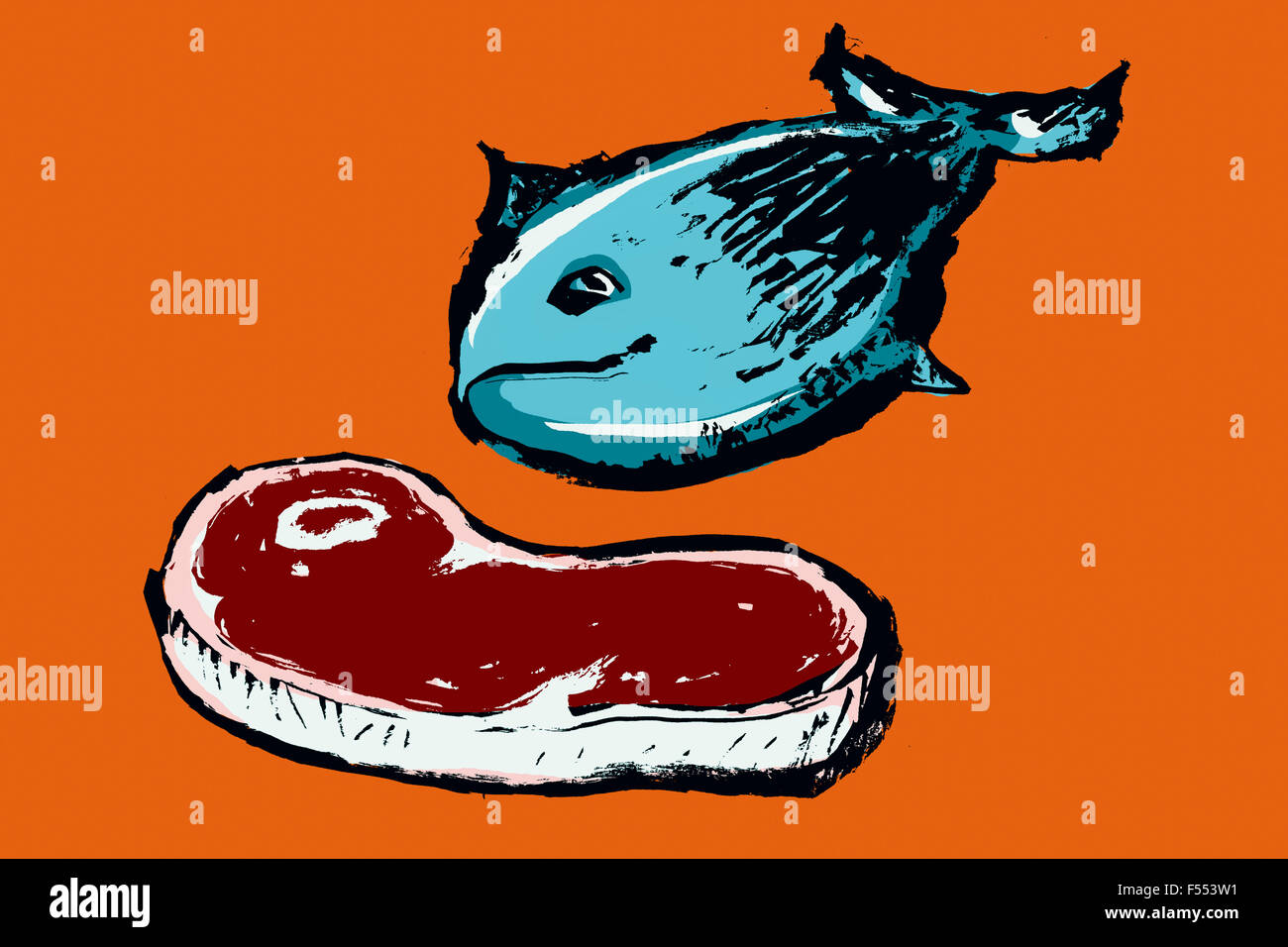 Illustration of fish and meat against orange background Stock Photo - Alamy