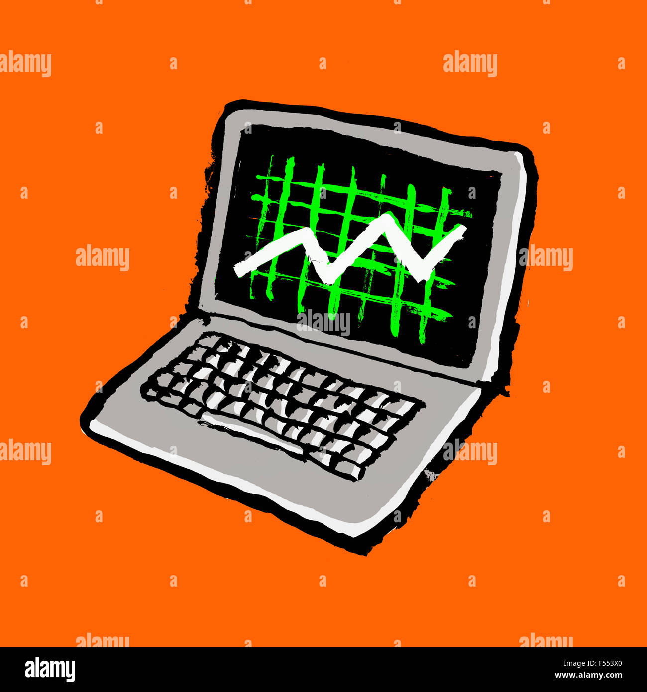 Illustration of laptop with progress graph against orange background ...