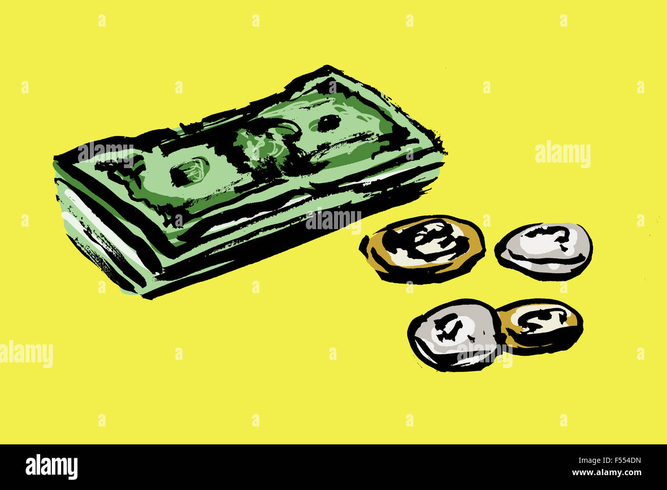 Illustration of paper notes and coins on yellow background Stock Photo ...