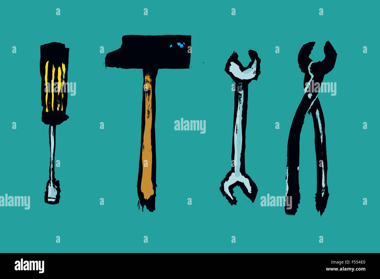 Illustration of work tools against blue background Stock Photo - Alamy