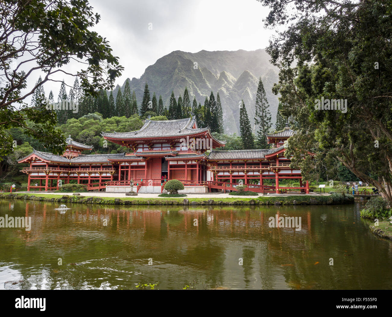 Byodo-in Temple with misty hills behind. This peaceful Buddhist temple ...