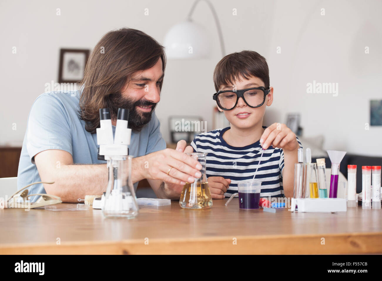 Father and son working on school science project at home Stock Photo ...