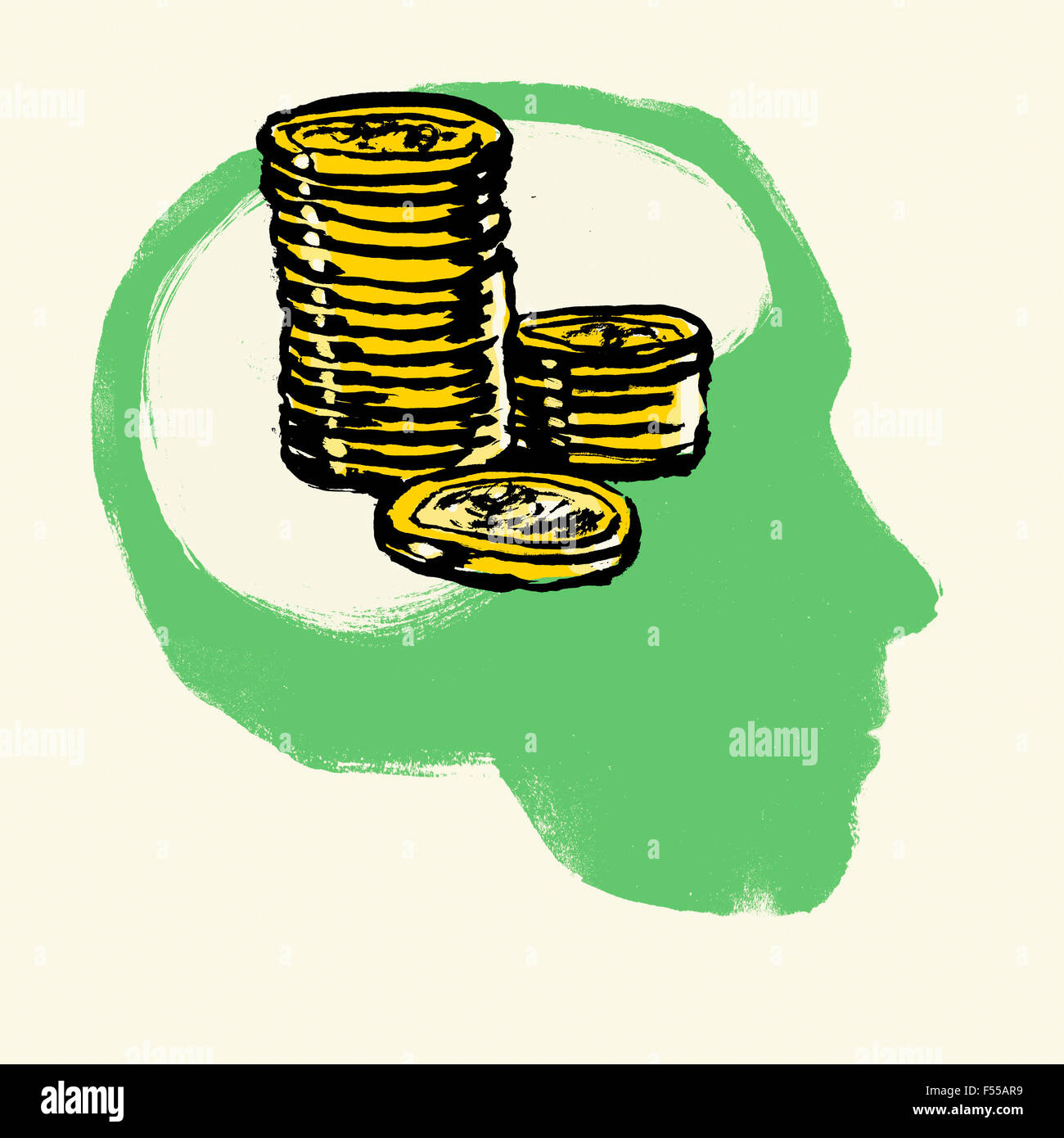 Illustration of stacked coins in human head against white background ...