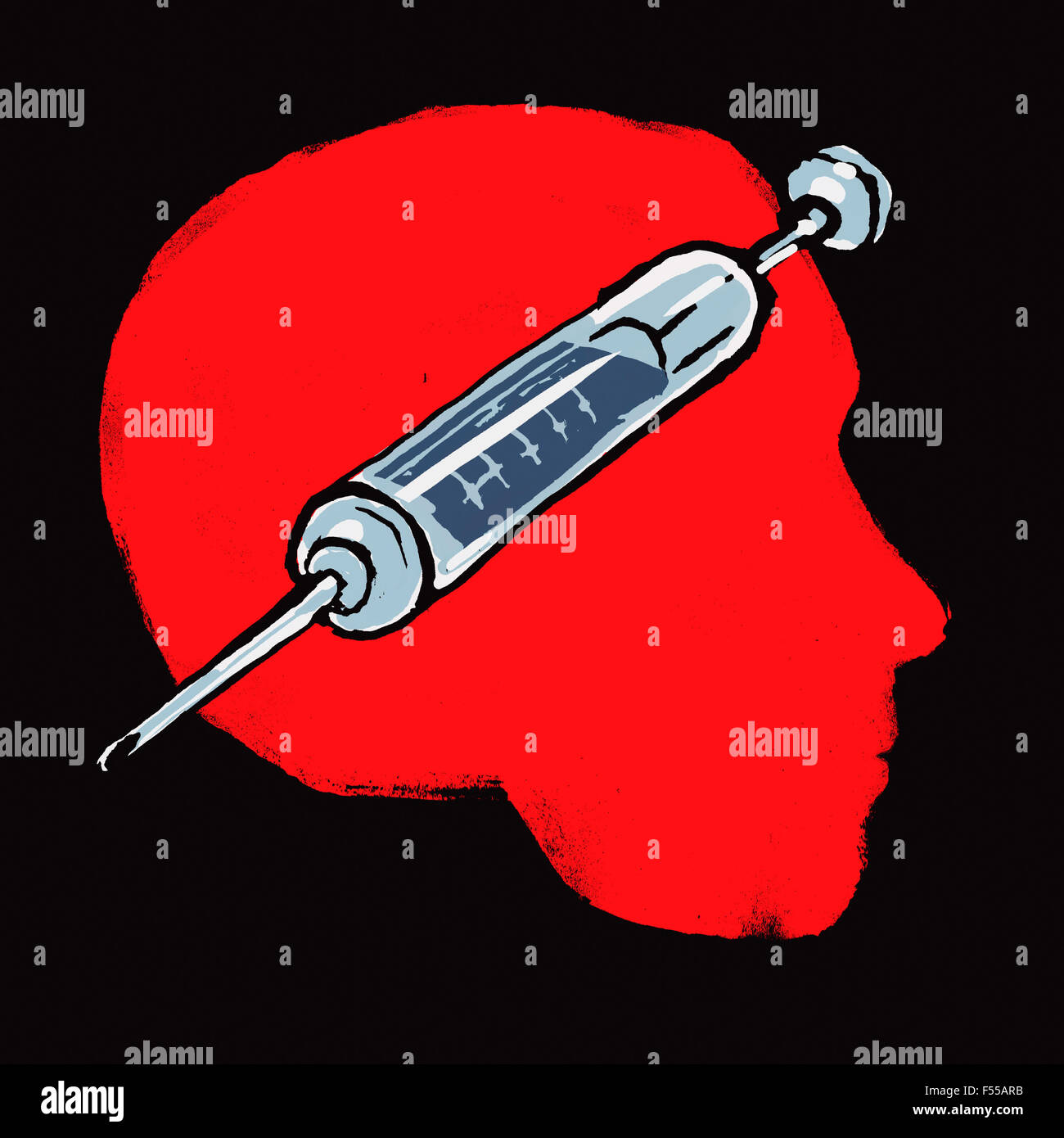 Illustration of injection in human head against black background Stock ...