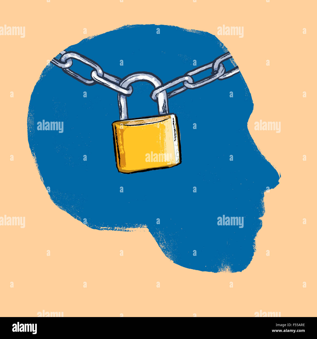 Illustration of padlock with chains human head against beige background ...