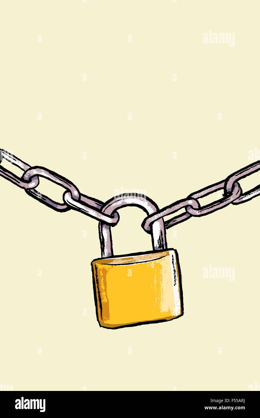 Illustration of padlock attached to chains against beige background ...