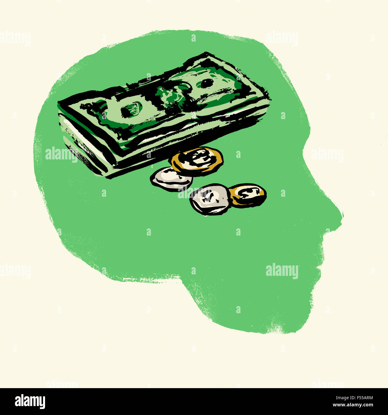 Illustration of coins and paper notes in human head against black ...