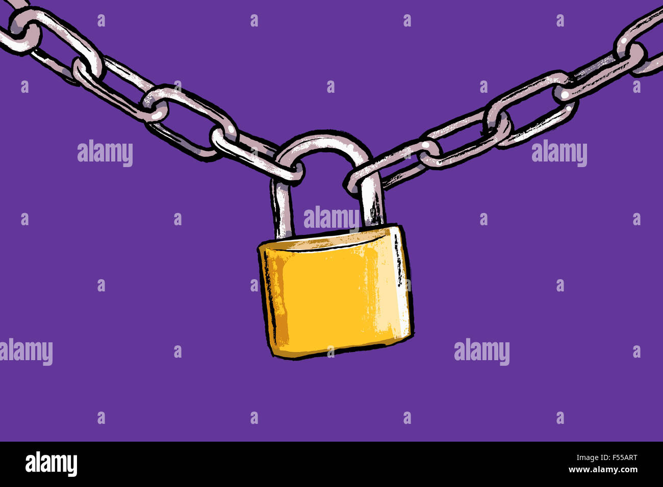 Illustration of padlock attached to chains against purple background ...
