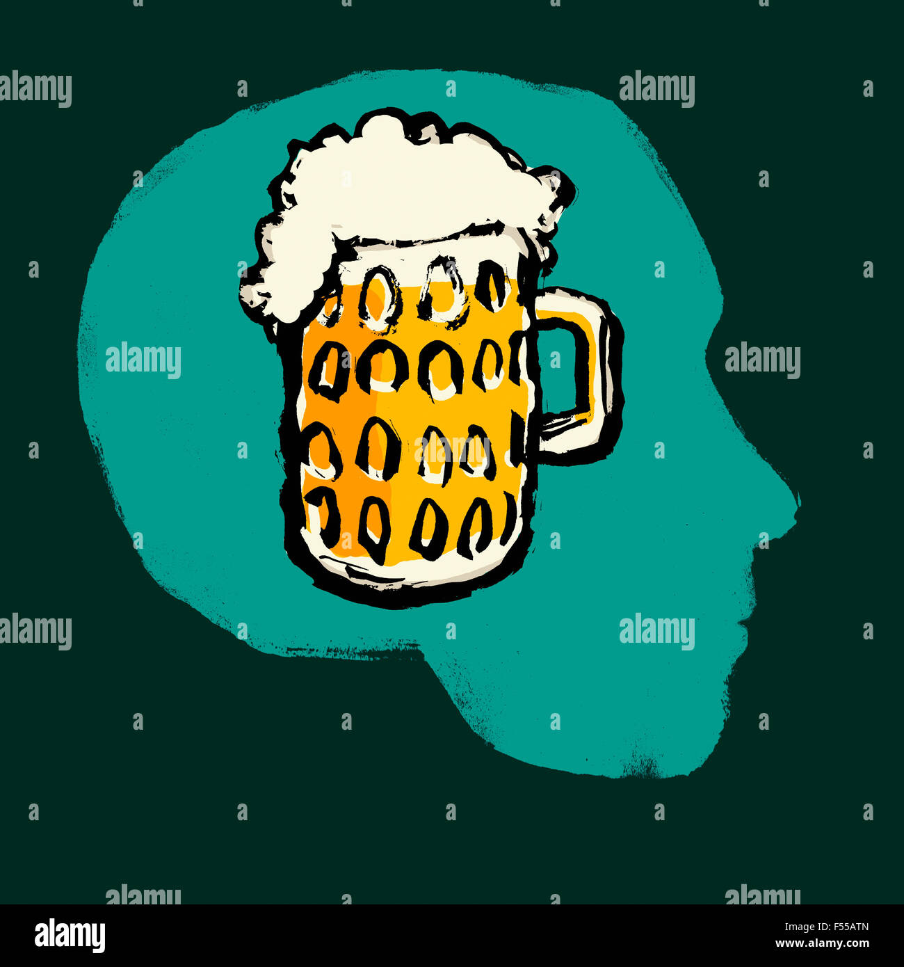 Illustration of pint glass of beer in human head against green ...
