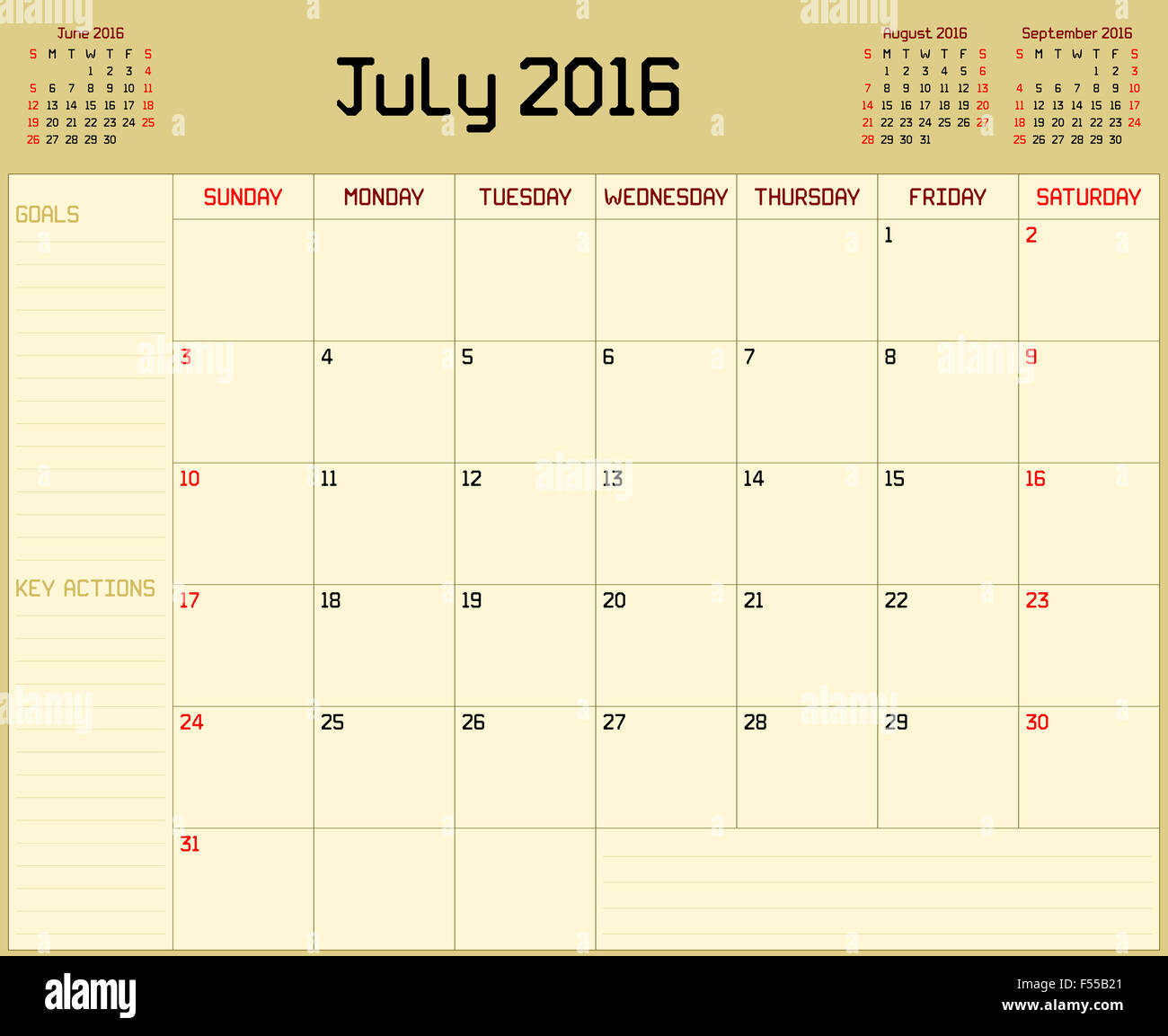 A monthly planner calendar for July 2016 on yellow background. A custom ...