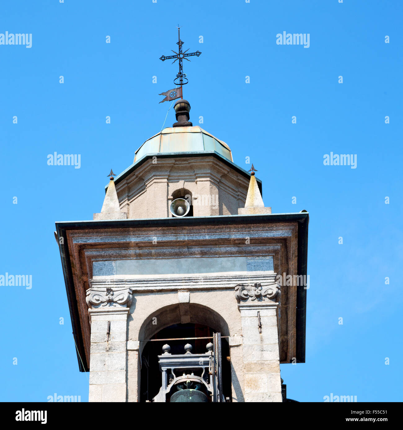 ancien clock tower in italy europe old stone and bell Stock Photo - Alamy
