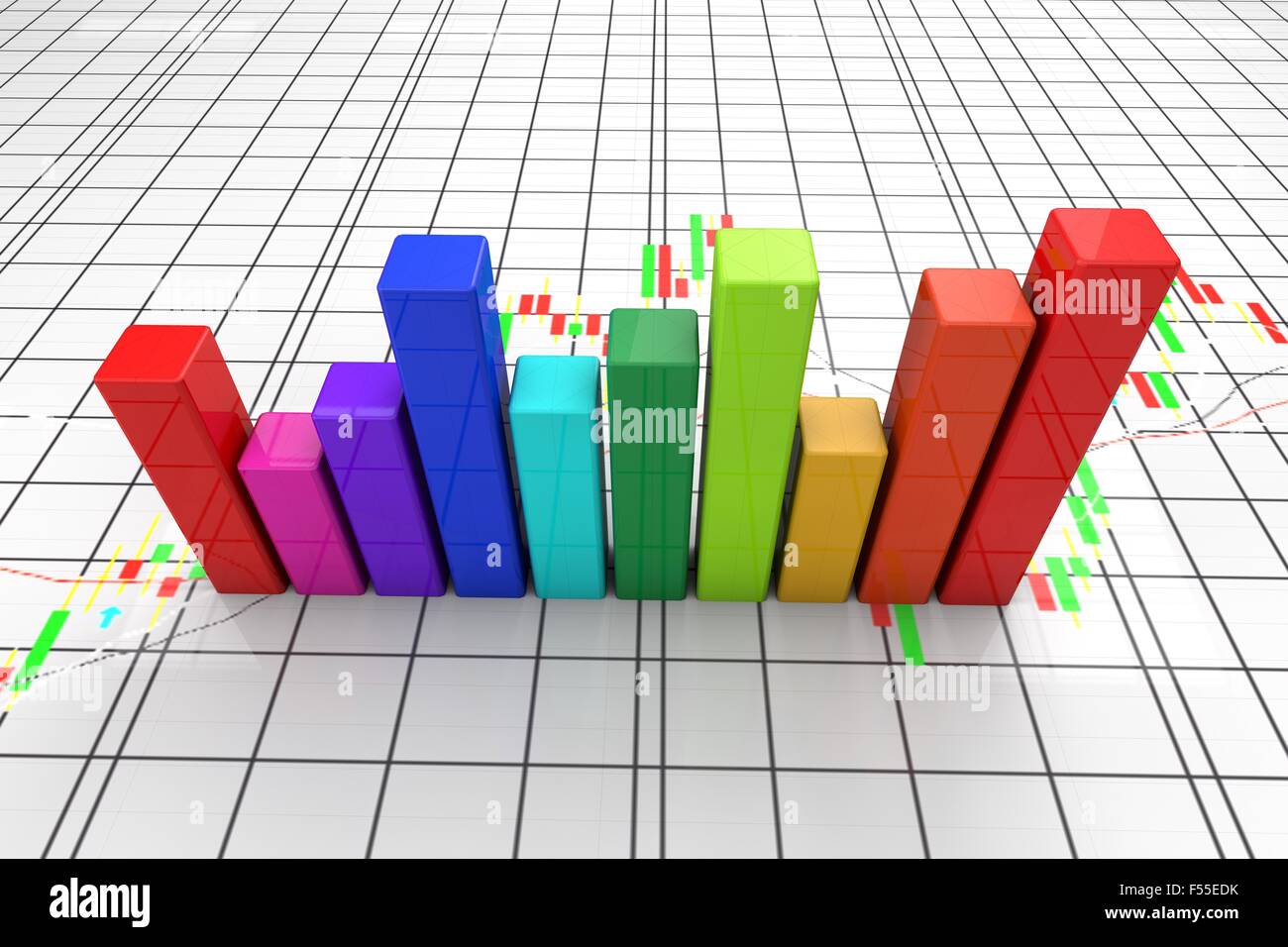 Colorful 3d block chart graph. High resolution render with candlesticks chart background Stock ...