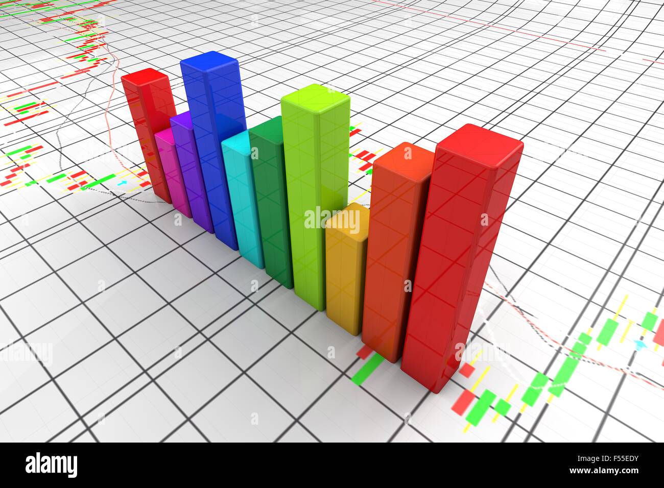 Colorful 3d block chart graph. High resolution render with candlesticks chart background Stock ...