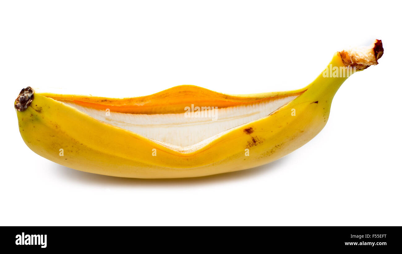 The opened banana on a white background close up Stock Photo - Alamy