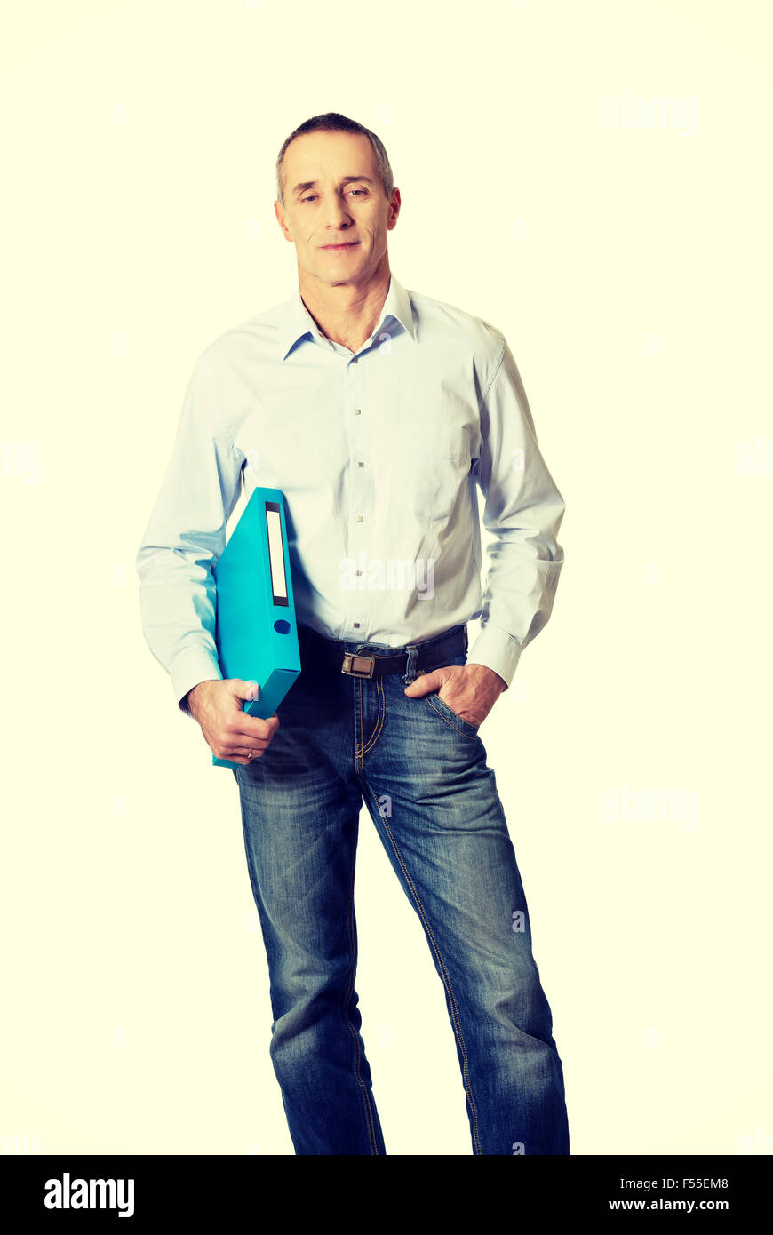 Handsome man holding blue binder Stock Photo - Alamy