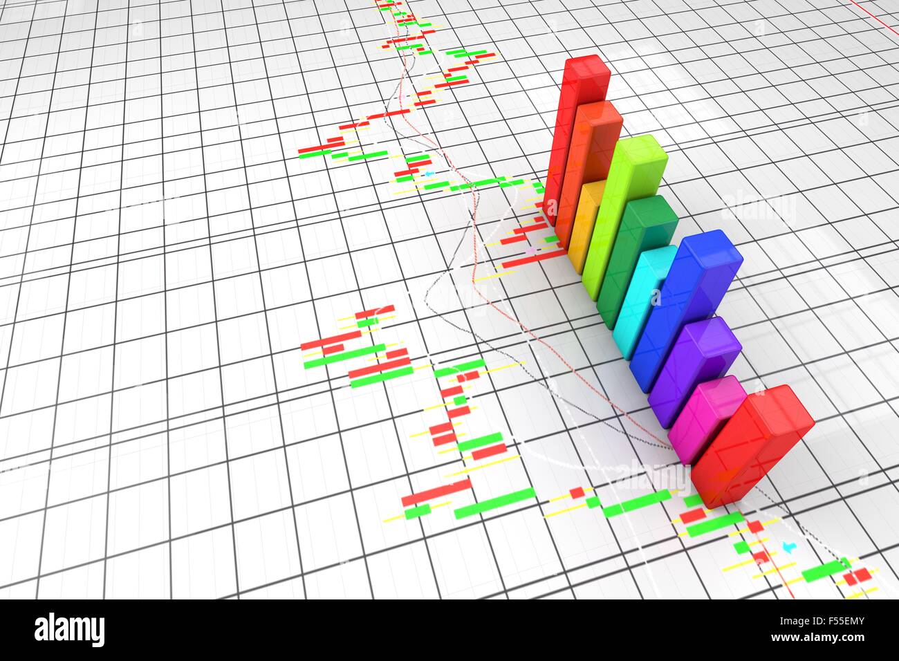 Colorful 3d block chart graph. High resolution render with candlesticks chart background Stock ...