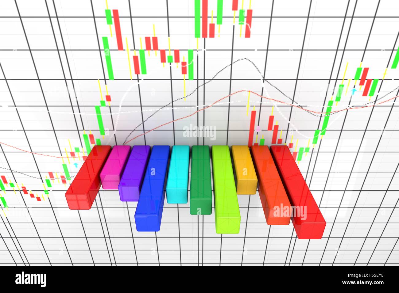 Colorful 3d block chart graph. High resolution render with candlesticks chart background Stock ...
