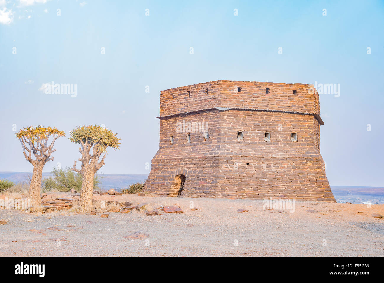 Sunrise at the blockhouse on a hill at Prieska, a small town next to ...