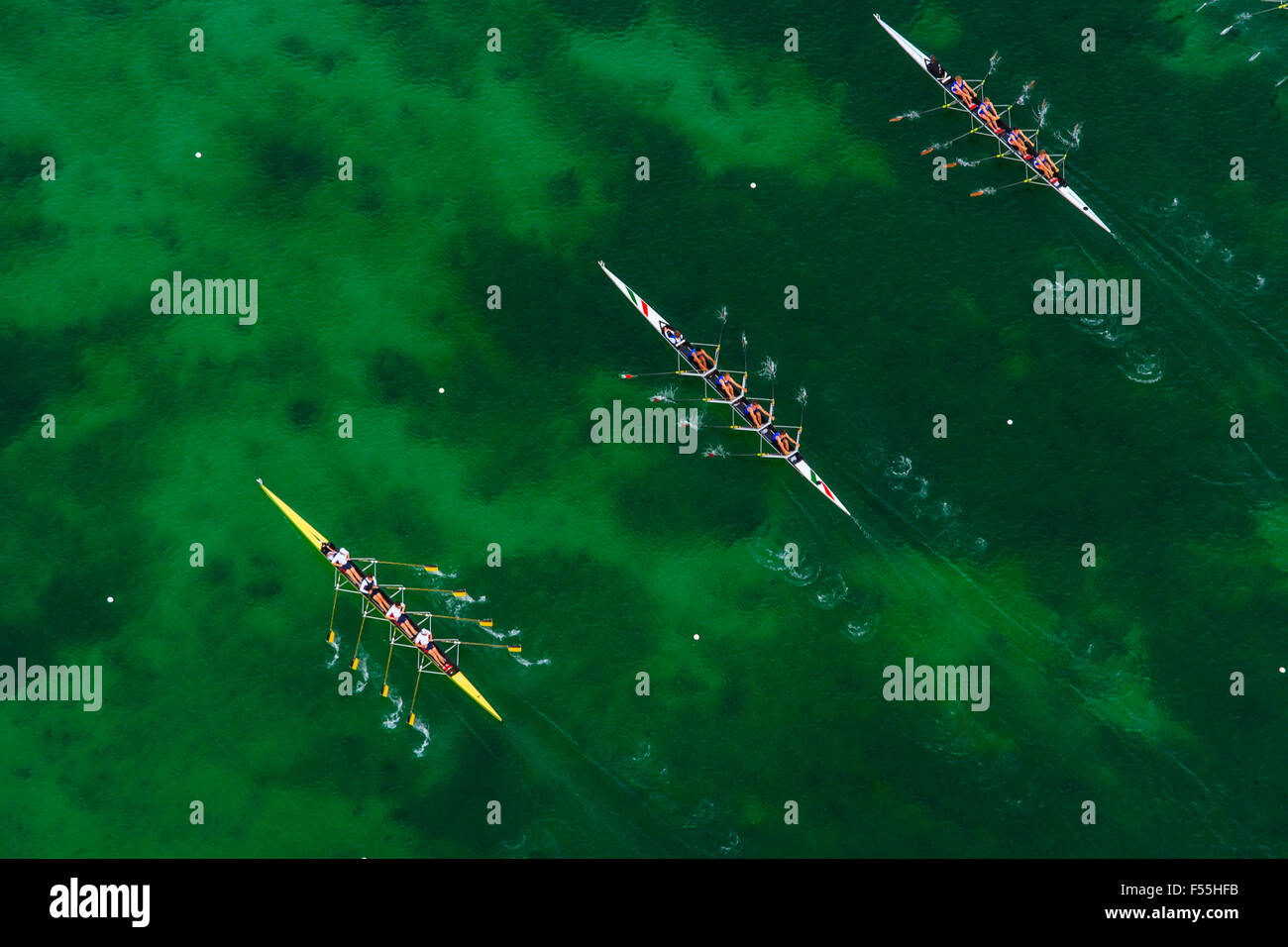 Germany, Oberschleissheim, Rowing boats on Olympic Regatta Course Stock ...