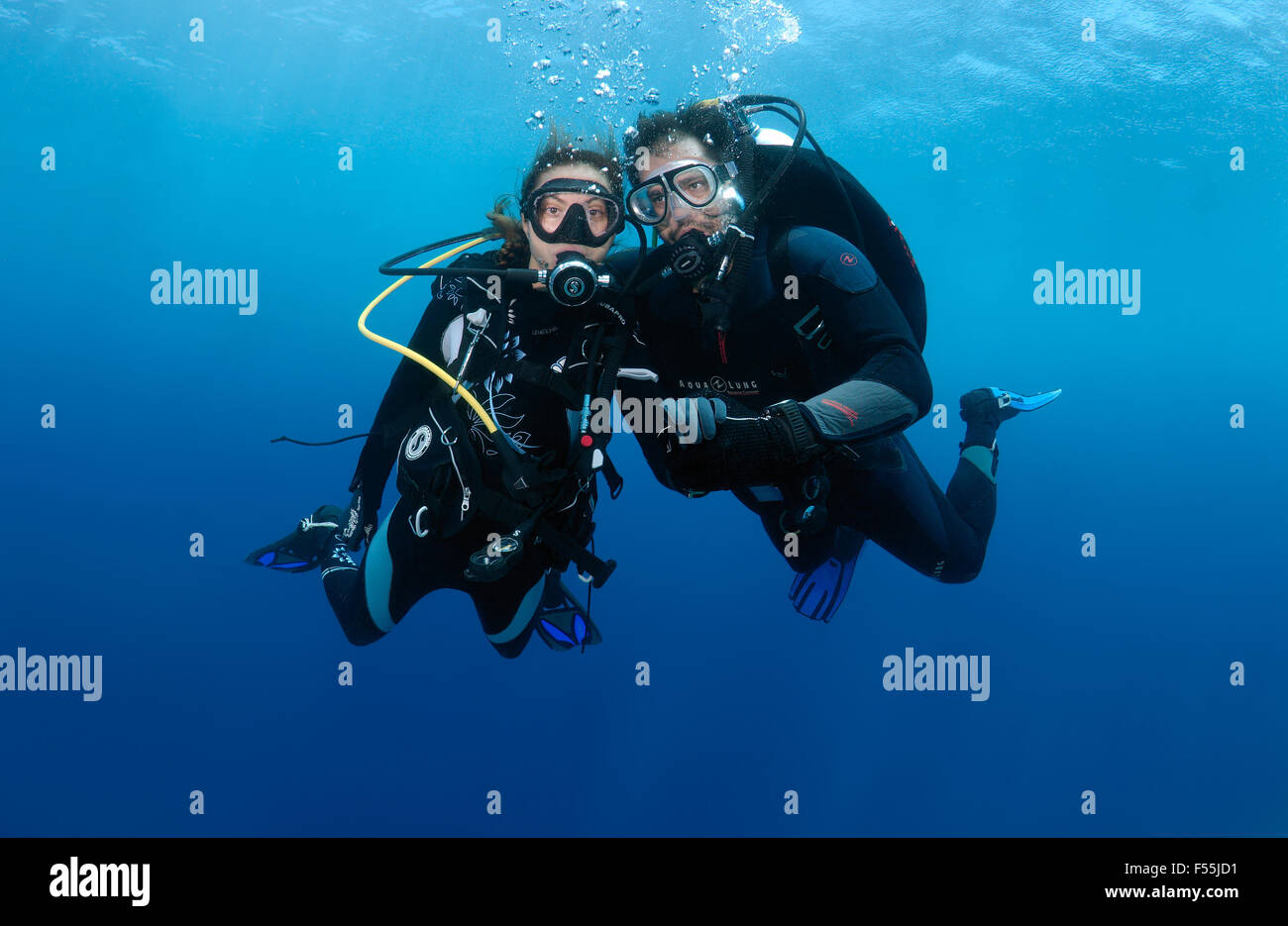 Young couple hanging divers in the water holding hands, Indian Ocean ...