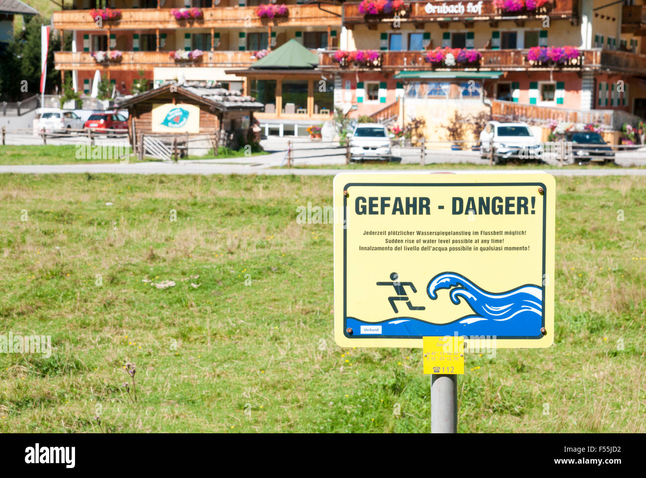 Water rising warning sign due to opening of dam gates In German ...