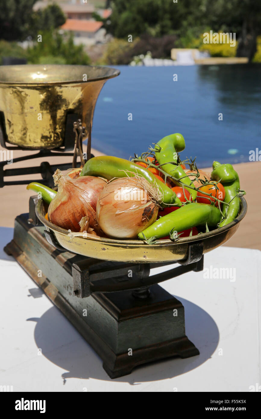 Still life Display of vegetables on an old style balance scale Stock ...