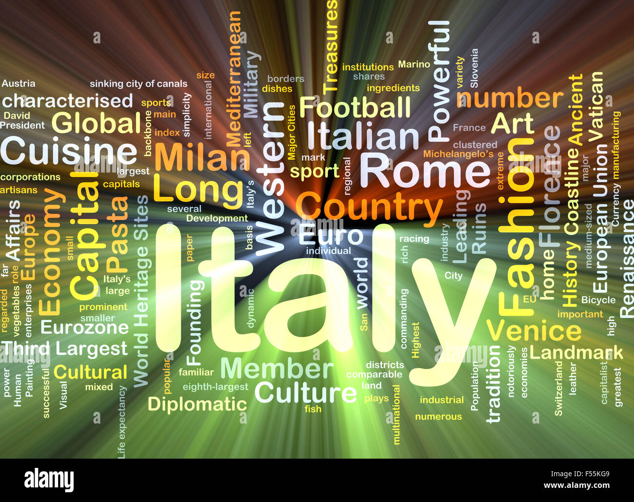 Background concept wordcloud illustration of Italy glowing light Stock ...