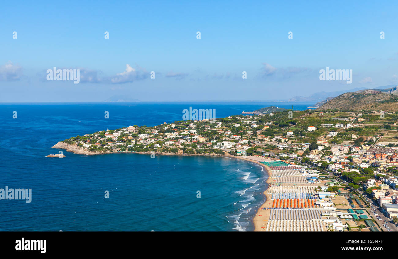 Mediterranean Sea coastal landscape. Wide public beach of Gaeta, Italy ...